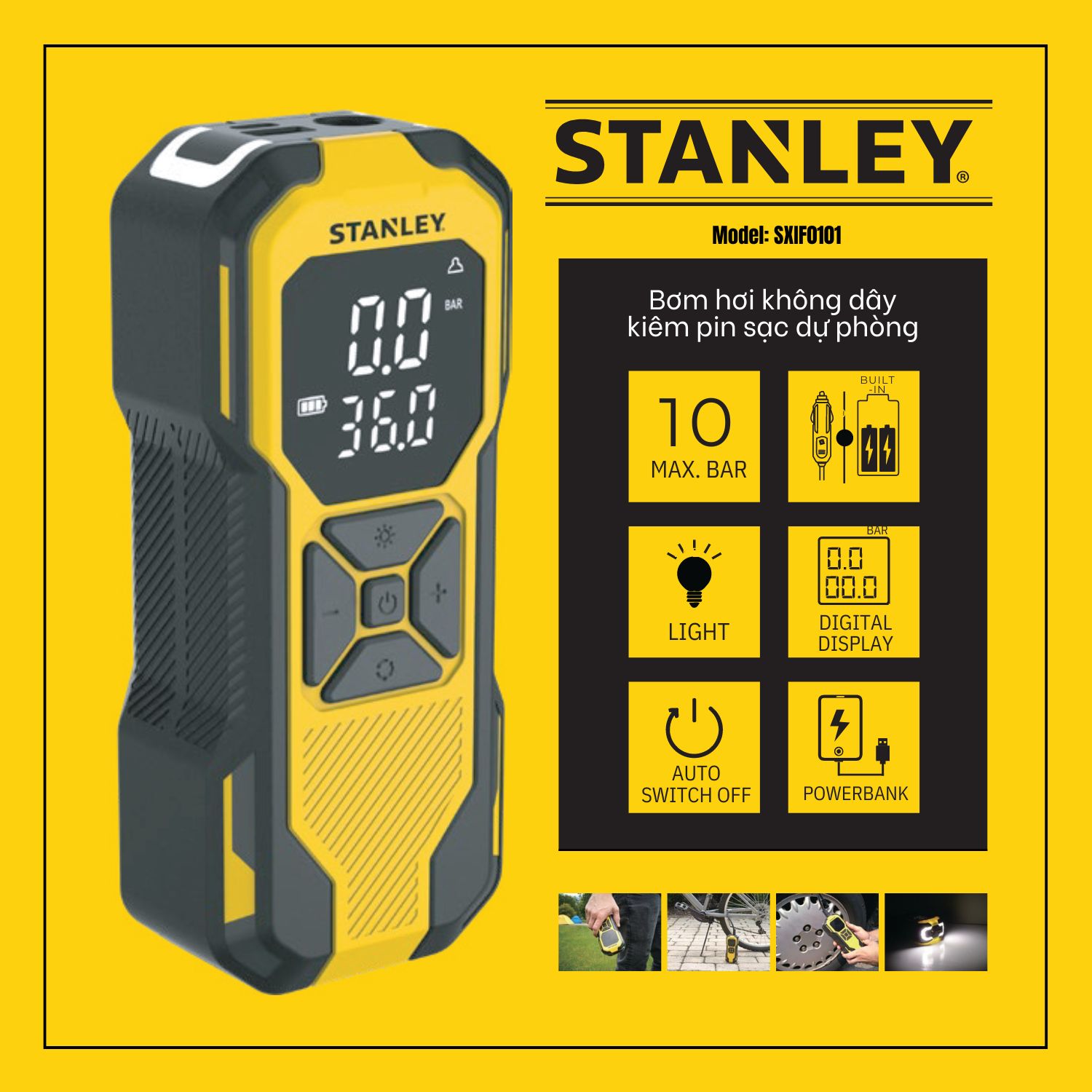 Máy bơm xe đa năng mini Stanley SXIF0101 tích hợp đèn pin, sạc dự phòng ...